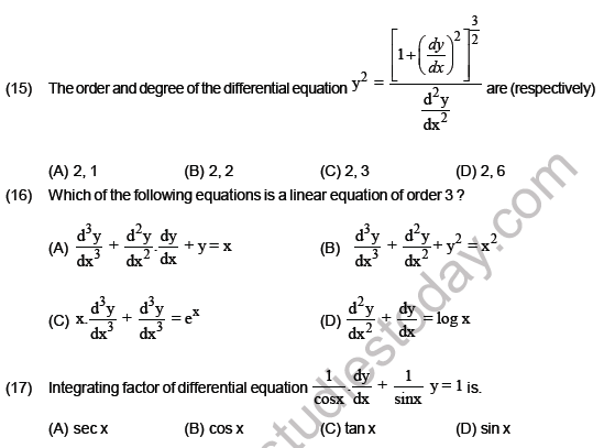 JEE Mathematics Differential Equations MCQs Set B with Answers